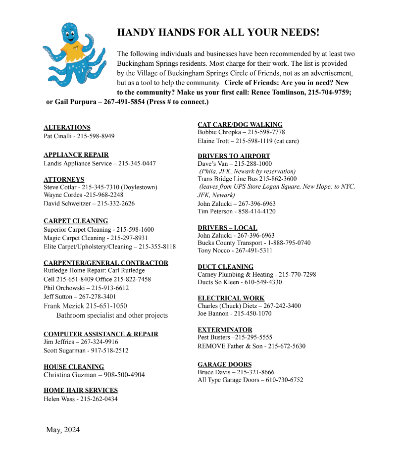 Handy Hands List – The Village of Buckingham Springs
